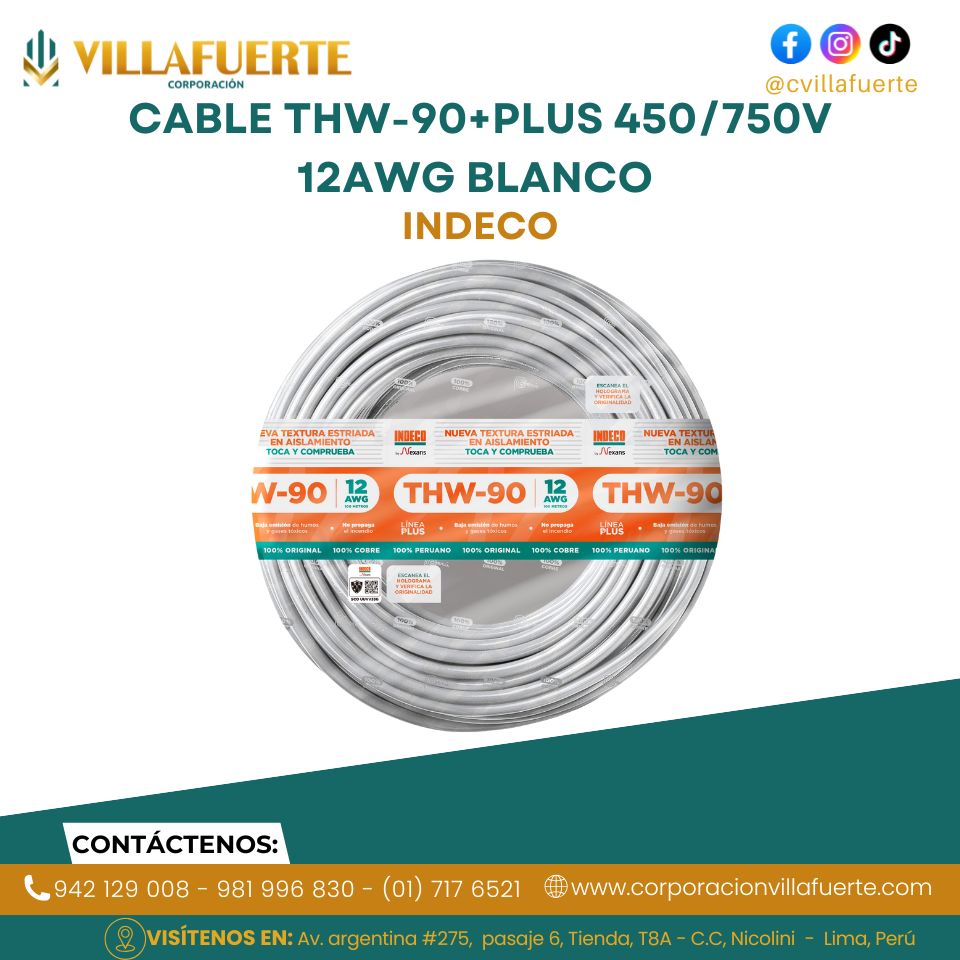 CABLE THW-90+PLUS 450/750V 12AWG BLANCO INDECO - Corporación VILLAFUERTE